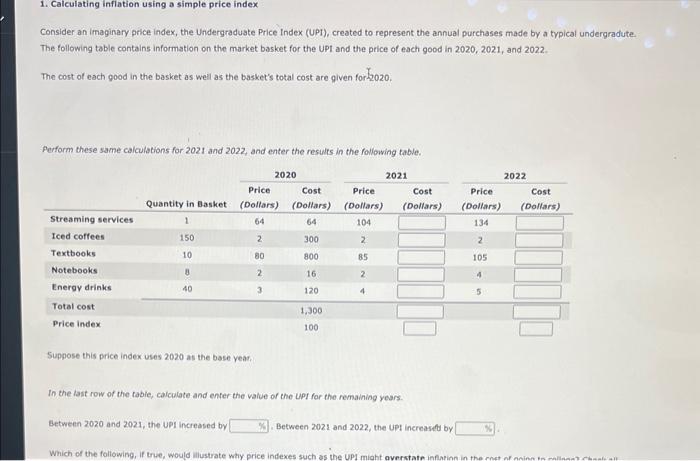 Solved 1. Calculating inflation using a simple price index | Chegg.com