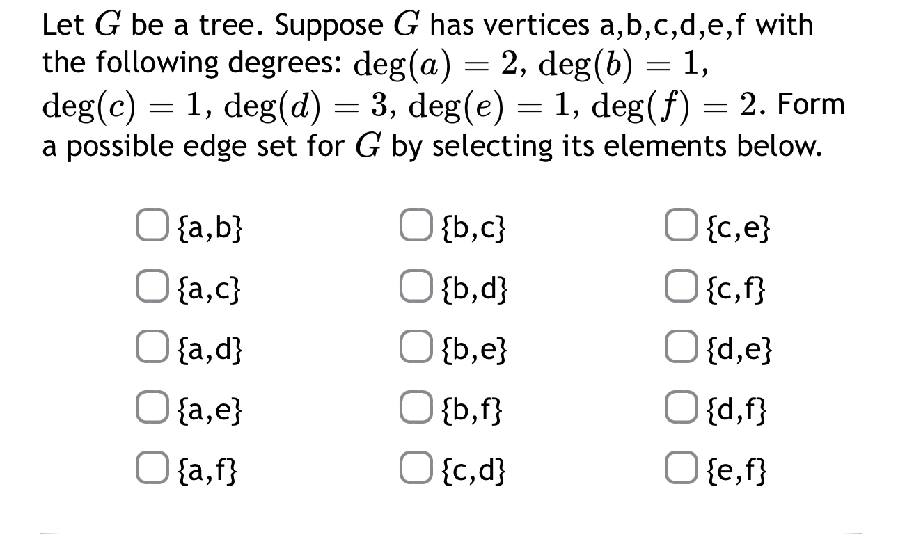 Solved Let G ﻿be a tree. Suppose G ﻿has vertices a,b,c,d,e, | Chegg.com