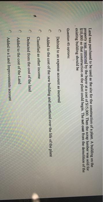 Solved Land was purchased to be used as the site for the | Chegg.com