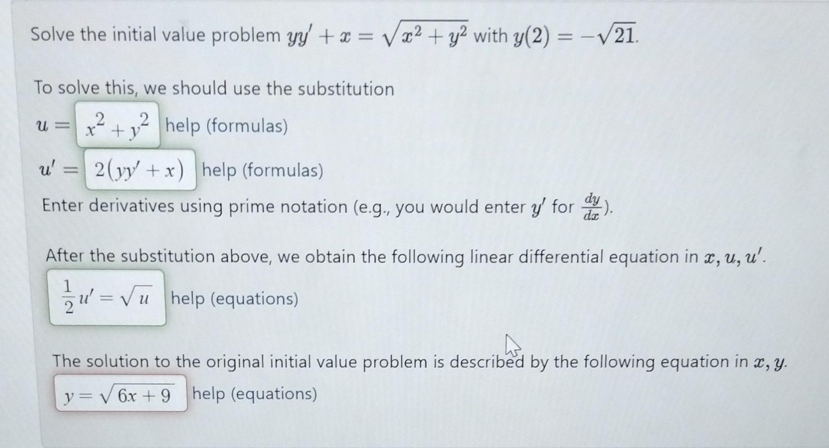 Solved Solve the initial value problem yy′+x=x2+y2 with | Chegg.com