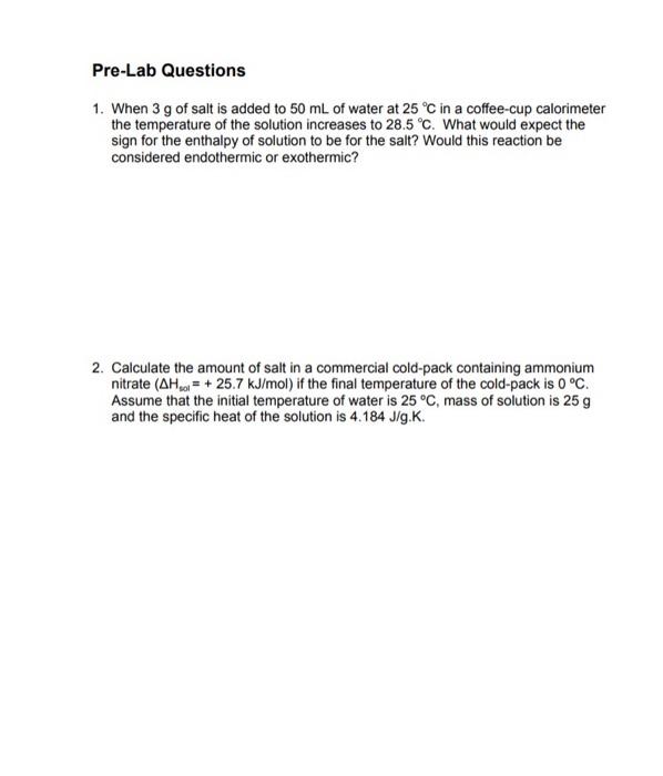 Solved Pre-Lab Questions 1. When 3 g of salt is added to 50 | Chegg.com