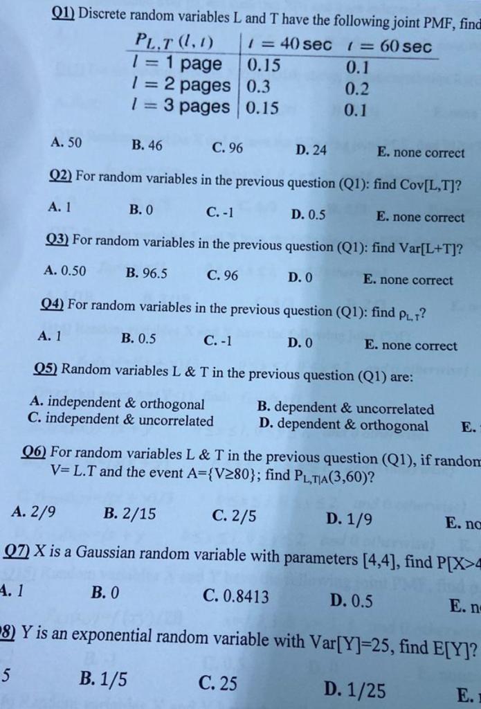 Solved Q1) Discrete random variables L and T have the | Chegg.com