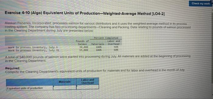 Solved Exercise 4-10 (Algo) Equivalent Units of | Chegg.com