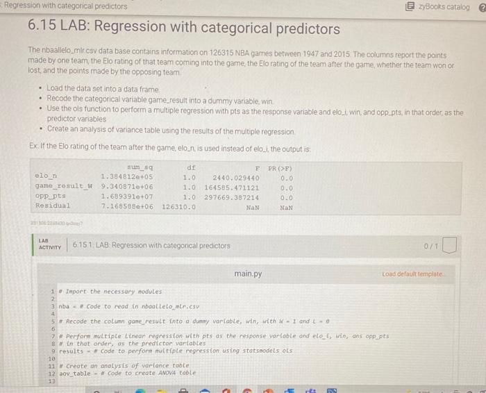 Solved e zyBooks catalog Regression with categorical | Chegg.com