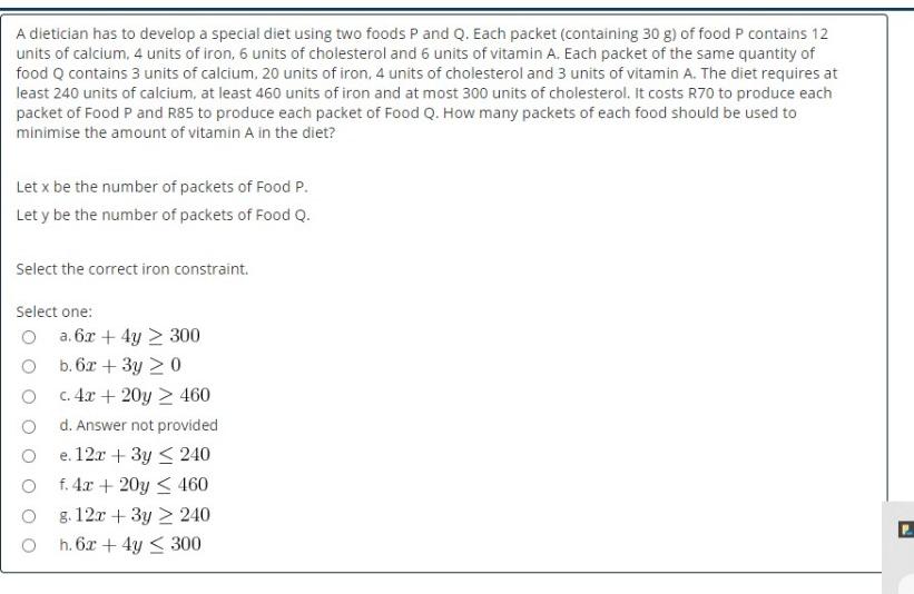 Solved A dietician has to develop a special diet using two | Chegg.com