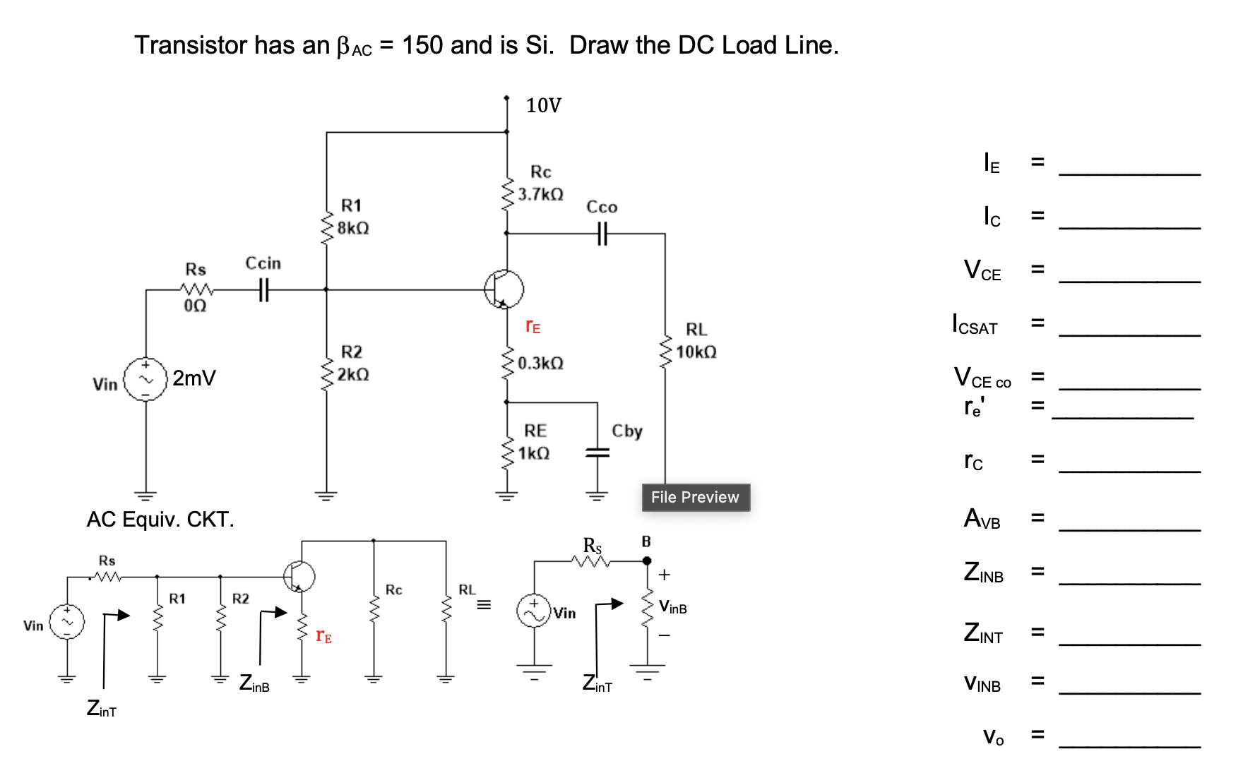 Transistor has an \beta _(AC)=150 ﻿and is Si . ﻿Draw | Chegg.com