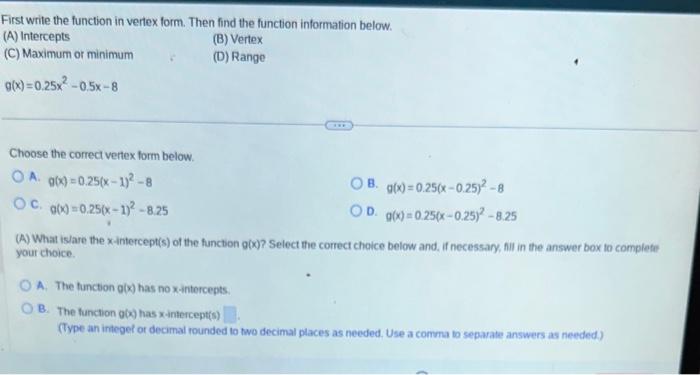 Solved First write the function in vertex form. Then find | Chegg.com