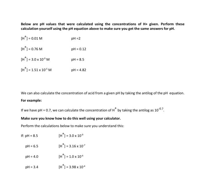 Solved Below are pH values that were calculated using the | Chegg.com