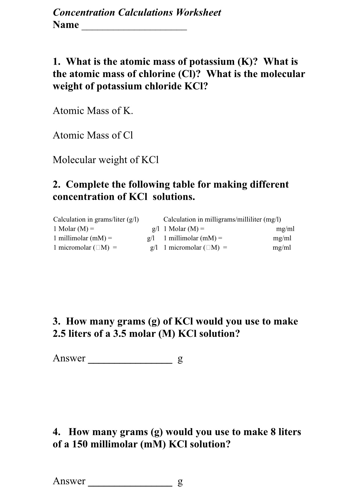 Solved Concentration Calculations WorksheetNamsWhat is the | Chegg.com