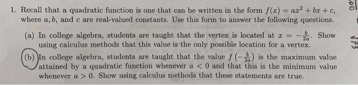 Solved 1. Recall that a quadratic function is one that can | Chegg.com