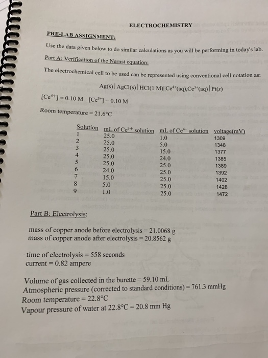 ELECTROCHEMISTRY PRE-LAB ASSIGNMENT: Use the data | Chegg.com