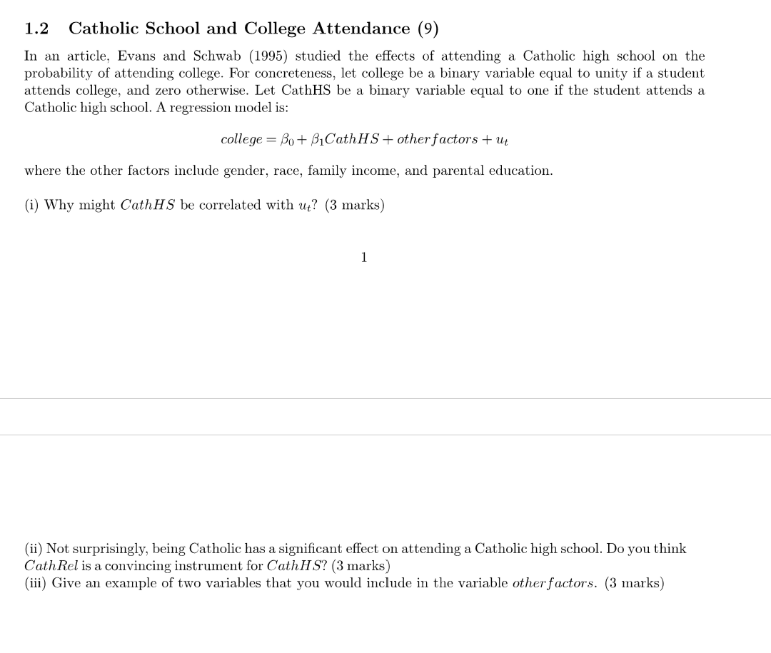 Solved 1.2 ﻿Catholic School and College Attendance (9)In an | Chegg.com