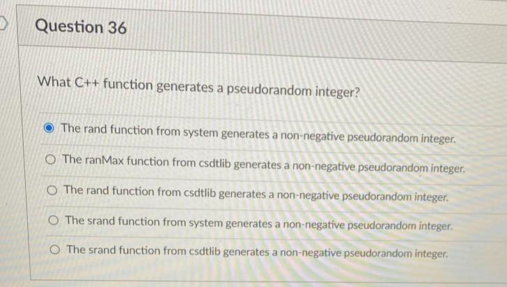 Solved What C++ function generates a pseudorandom integer? | Chegg.com
