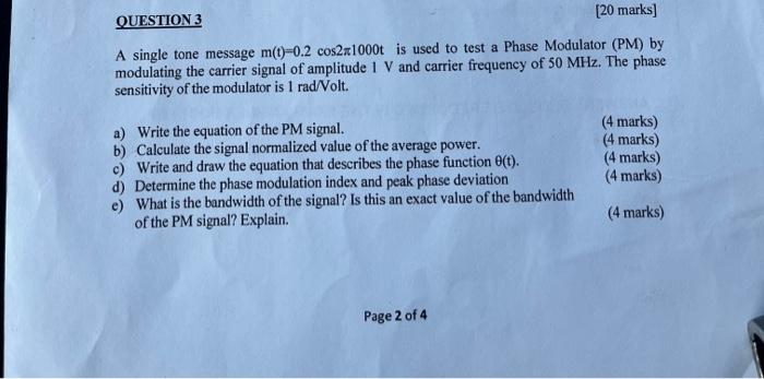 Solved A single tone message m(t)=0.2cos2π1000t is used to | Chegg.com