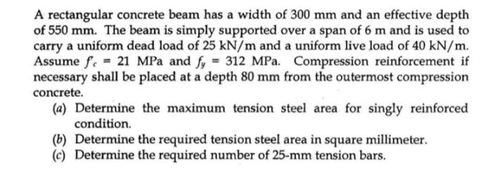 A rectangular concrete beam has a width of 300 mm and | Chegg.com