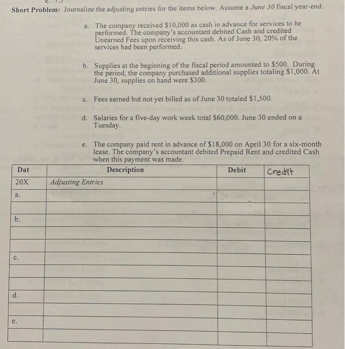 Solved Problem: Journalize the adjusting entries for the | Chegg.com