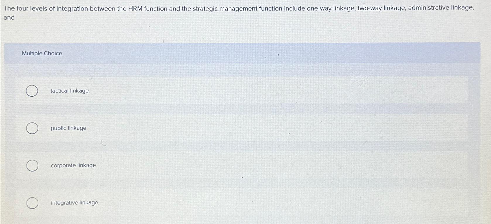 Solved The four levels of integration between the HRM | Chegg.com