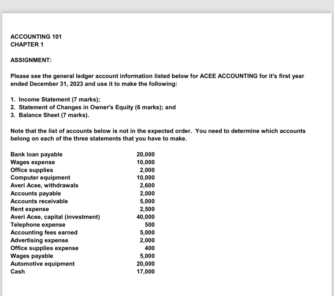 Solved ACCOUNTING 101CHAPTER 1ASSIGNMENT:Please see the | Chegg.com