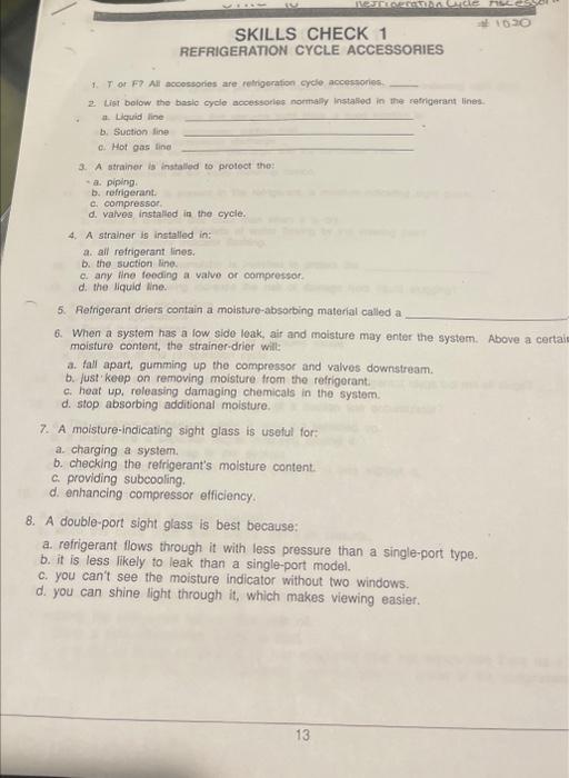 Solved SKILLS CHECK 1 REFRIGERATION CYCLE ACCESSORIES 1. T. | Chegg.com