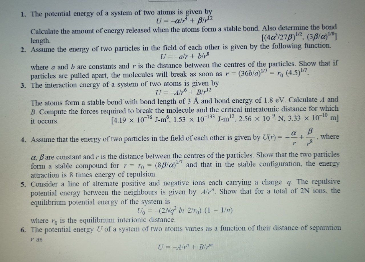 Solved The potential energy of a system of two atoms is | Chegg.com