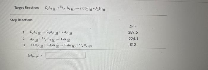 Solved Target Reaction: C2A2( s)+5/2B2( s)→2CB2( s)+A2B | Chegg.com