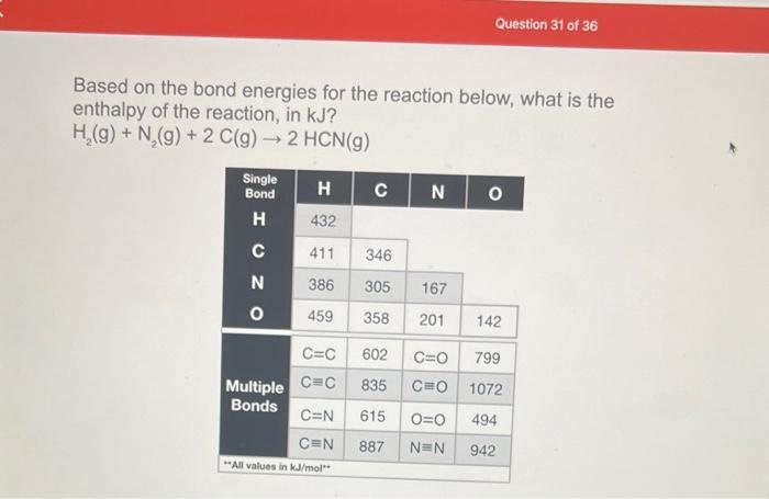 Solved Based on the bond energies for the reaction below, | Chegg.com