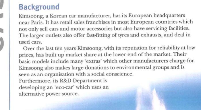 Background Kimsoong, a Korean car manufacturer, has | Chegg.com