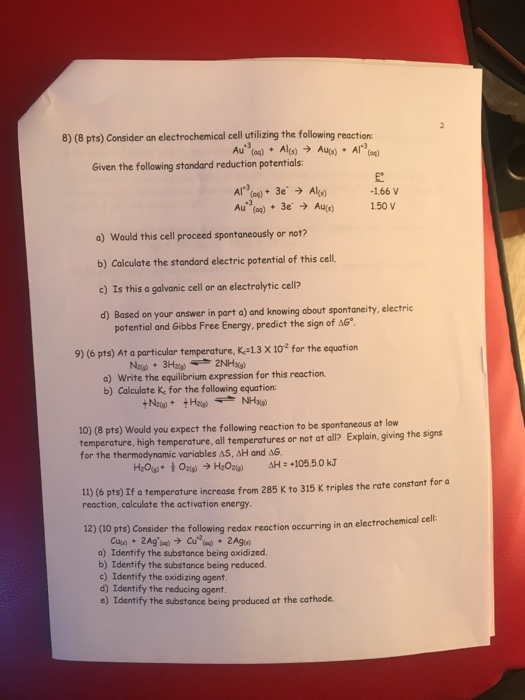 Solved 8) (8 pts) Consider an electrochemical cell utilizing | Chegg.com