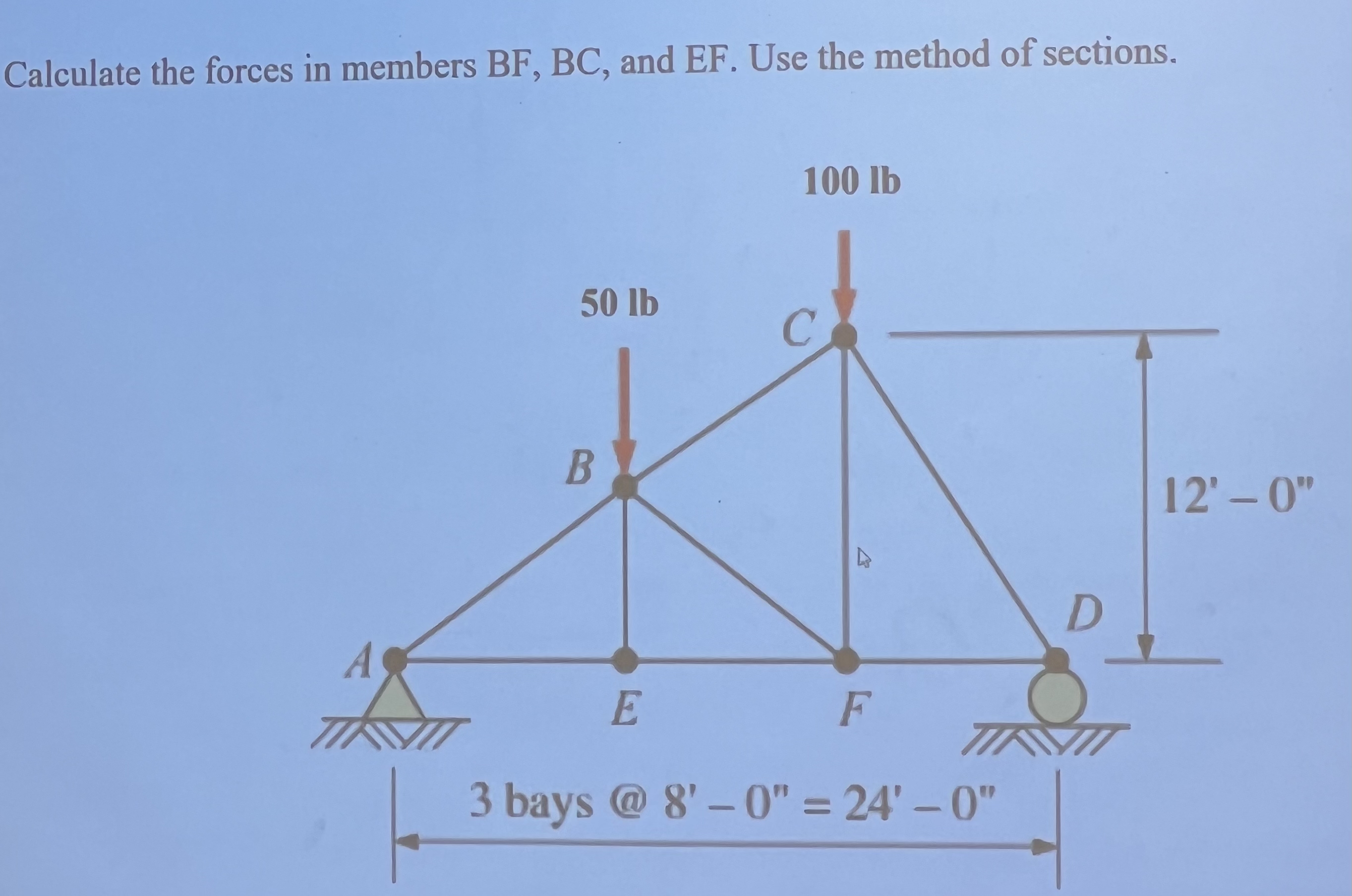 Solved Calculate the forces in members BF, ﻿BC, ﻿and EF. | Chegg.com