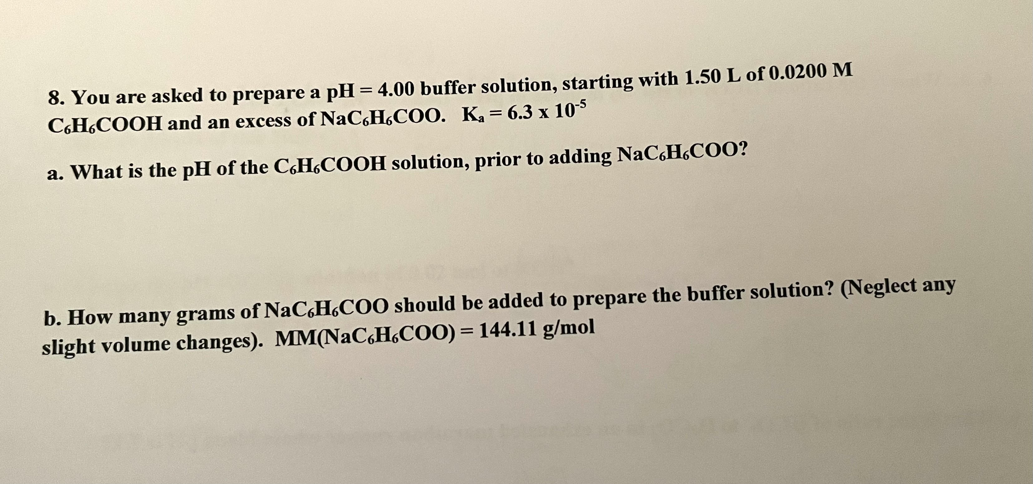 Solved You are asked to prepare a pH=4.00 ﻿buffer solution, | Chegg.com