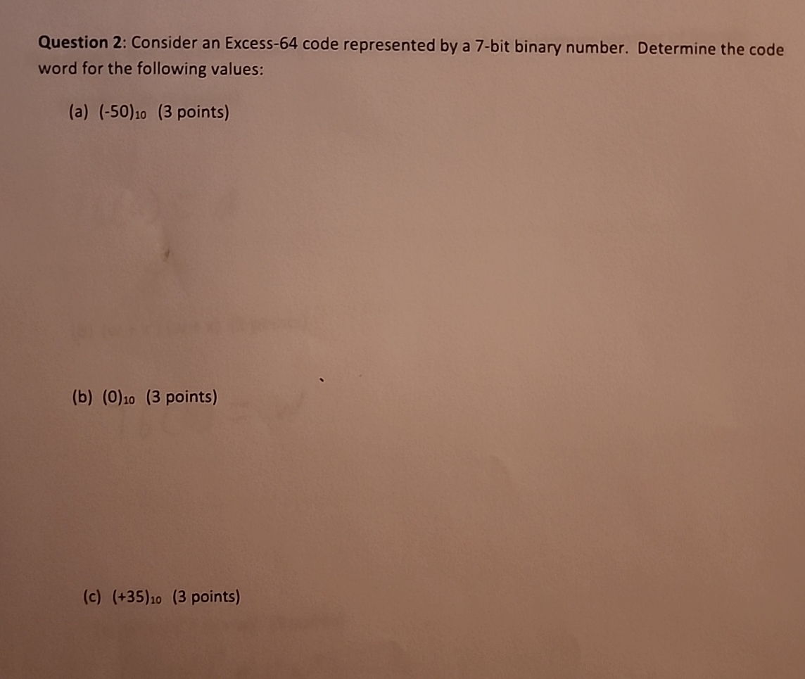 Solved Question 2: Consider an Excess-64 ﻿code represented | Chegg.com
