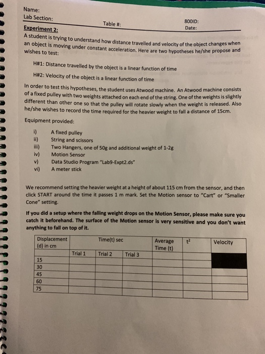 Name: Lab Section: 800ID: Table #: Date: Experiment | Chegg.com