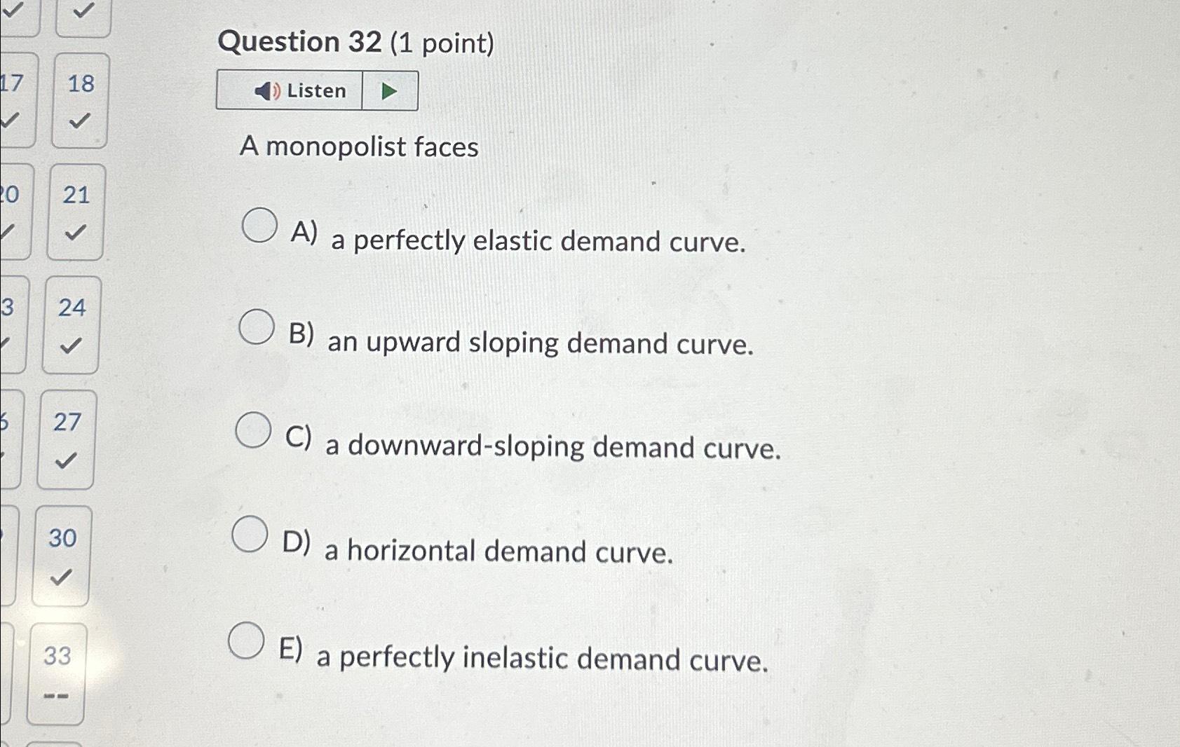 Solved Question 32 (1 ﻿point)A monopolist facesA) ﻿a | Chegg.com