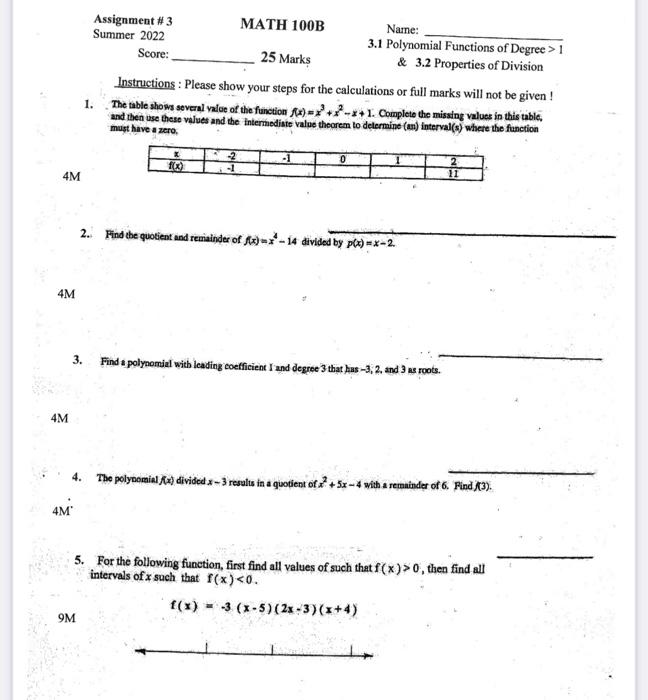 Solved MATH 100B Name: Assignment # 3 Summer 2022 3.1 | Chegg.com