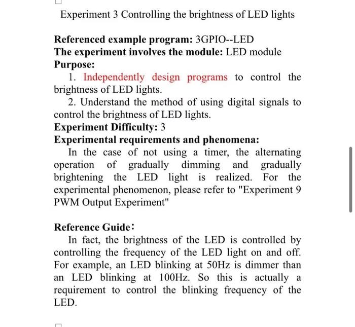 Experiment 3 Controlling the brightness of LED lights | Chegg.com
