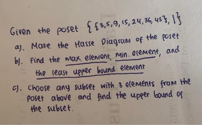 Solved Given the poset {{3, 5, 9, 15, 24, 36, 483, 1} aj. | Chegg.com