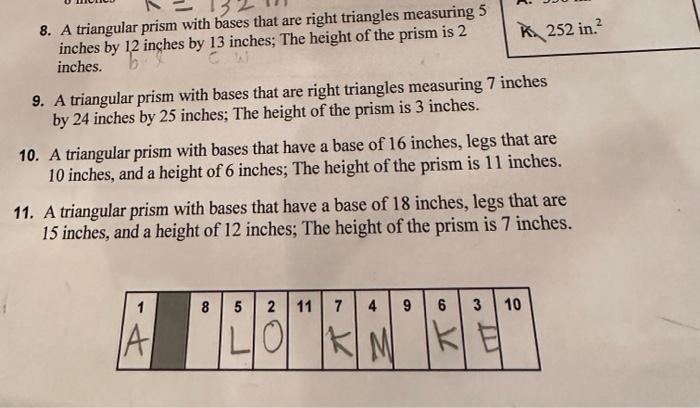 Solved 8. A triangular prism with bases that are right | Chegg.com