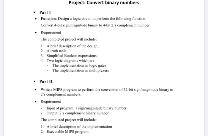 Solved Project: Convert binary numbers • Part I • Function: | Chegg.com