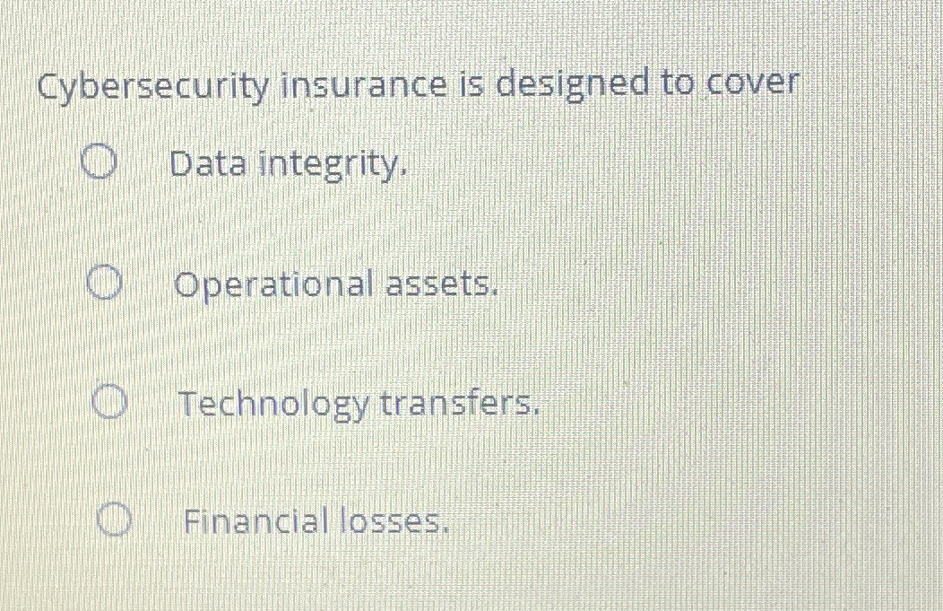 Solved Cybersecurity insurance is designed to coverData | Chegg.com