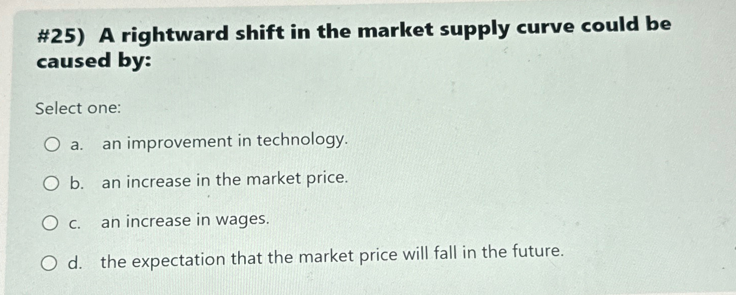 Solved #25) ﻿A rightward shift in the market supply curve | Chegg.com