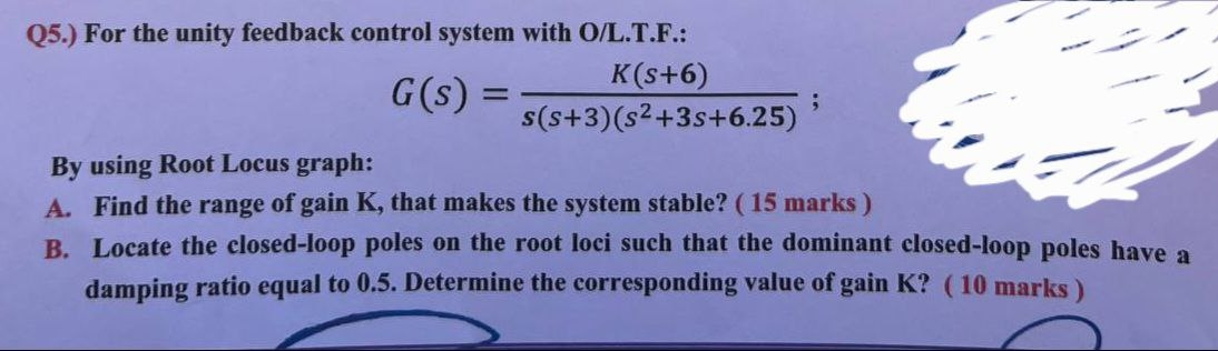Solved Q5.) ﻿For the unity feedback control system with | Chegg.com