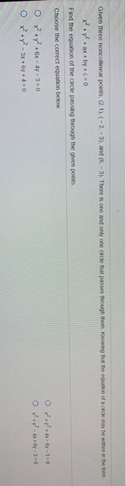 Solved Given three noncollinear points, (2.1).(-2, -3), and | Chegg.com