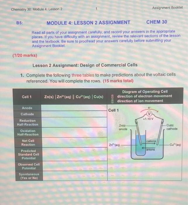 Solved Chemistry 30: Module 4: Lesson 2 Assignment Booklet | Chegg.com