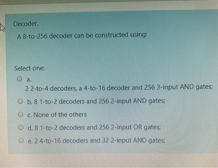 Solved Decoder. A 8-to-256 decoder can be constructed using: | Chegg.com