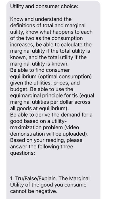 Solved Utility and consumer choice: Know and understand the | Chegg.com
