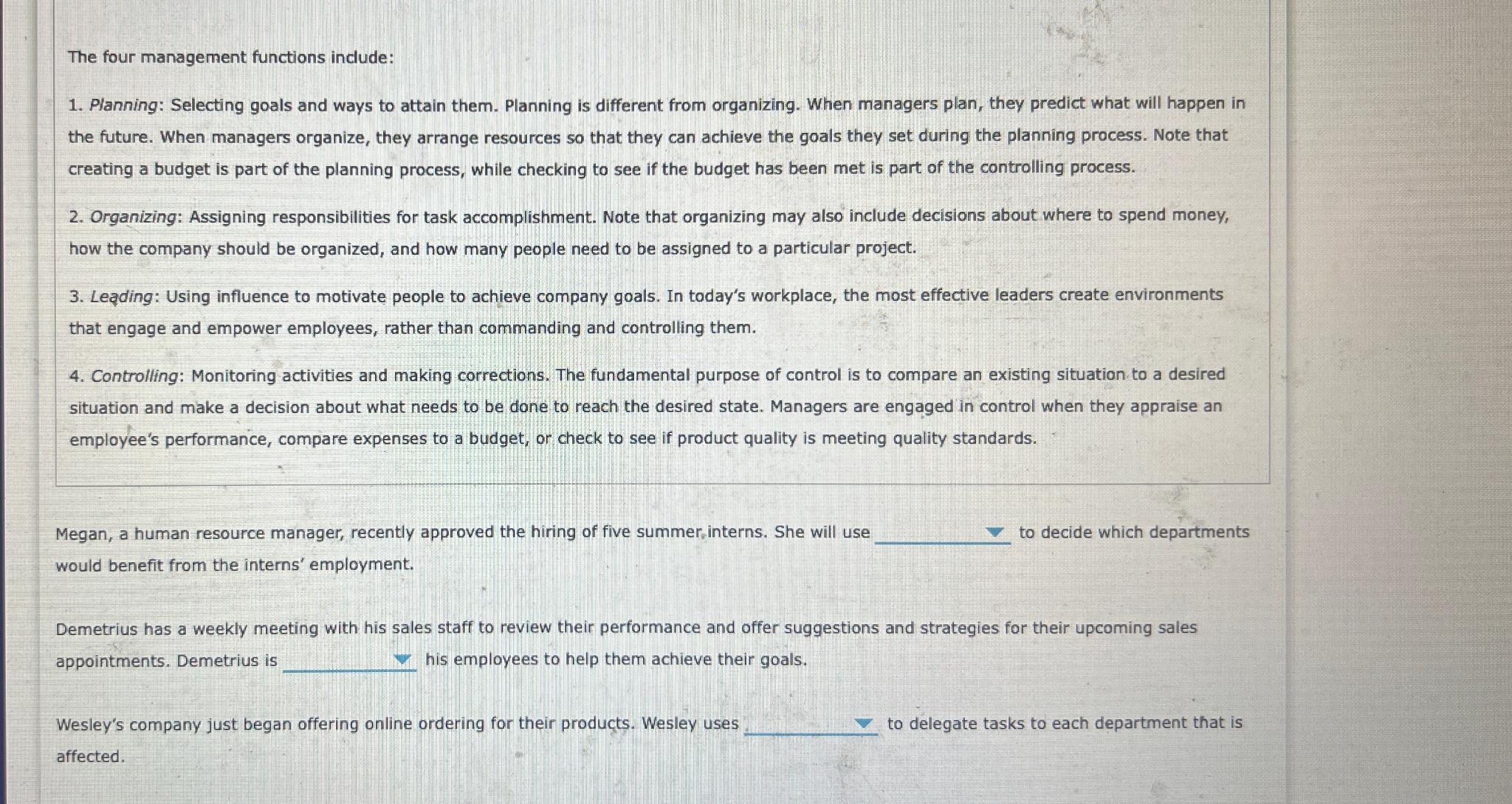 Solved The four management functions include:Planning: | Chegg.com