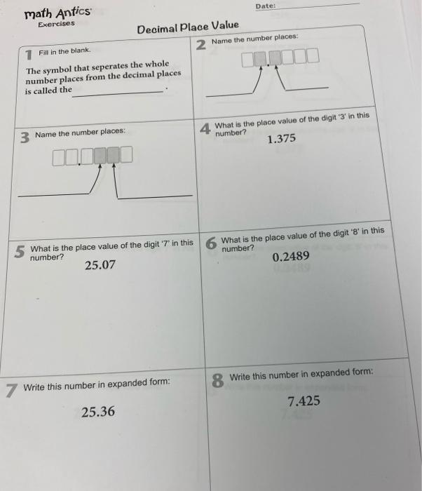 Solved Exercises math Antics Date: Decimal Place Value 1 | Chegg.com