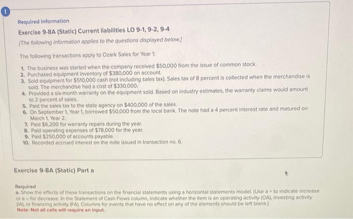 Solved Required information Exercise 9-8A (Static) Current | Chegg.com