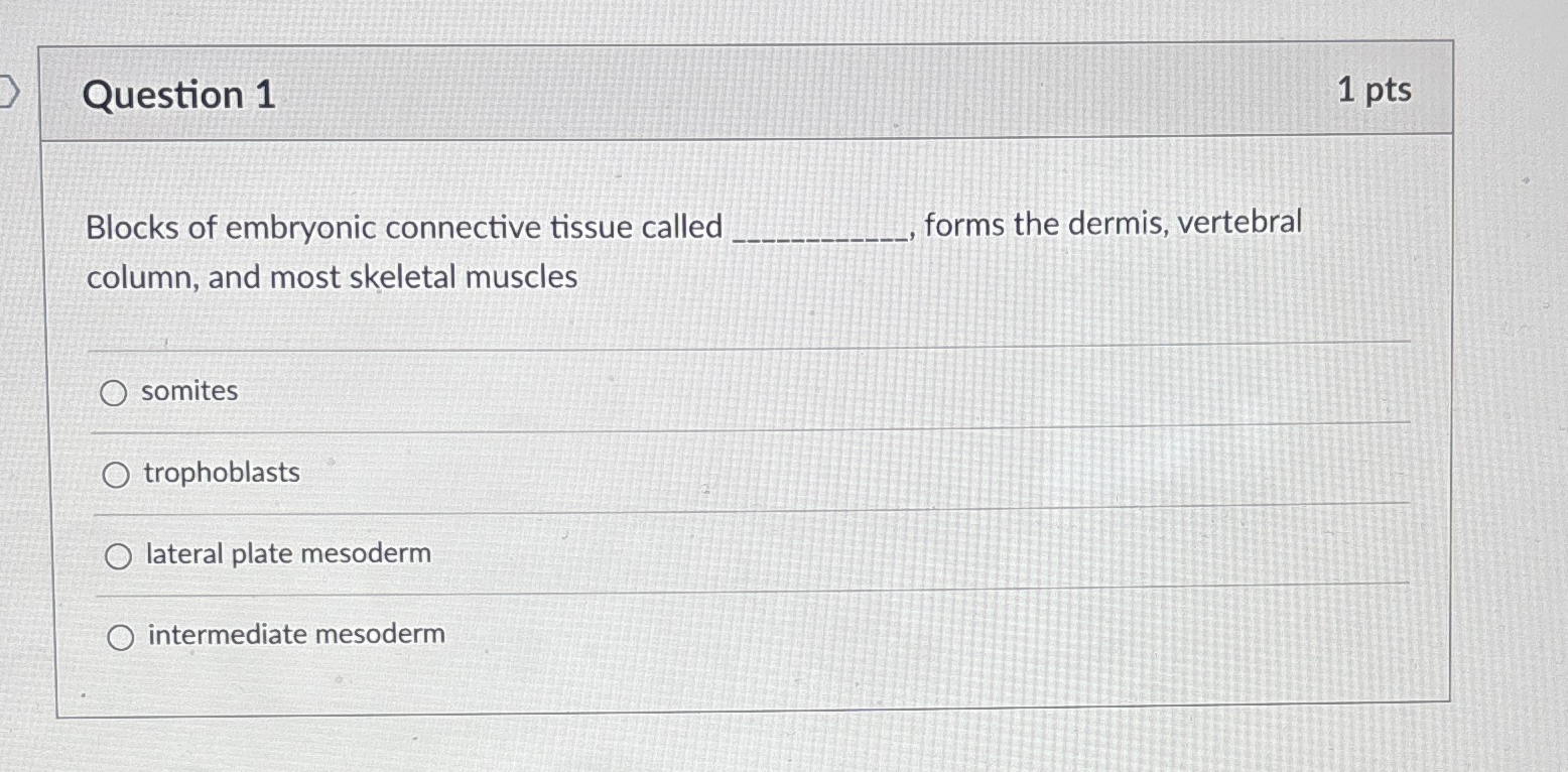 Solved Question 11ptsBlocks of embryonic connective tissue | Chegg.com