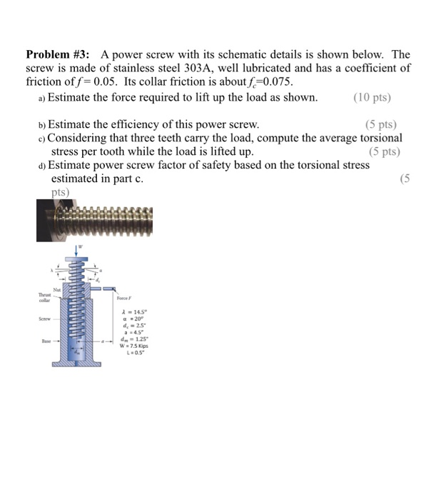 Solved Problem #3: A power screw with its schematic details | Chegg.com